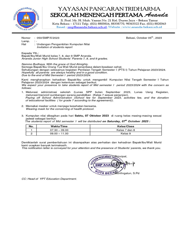 Surat Edaran Bagi Rapor PTS-1 23-24 | PDF