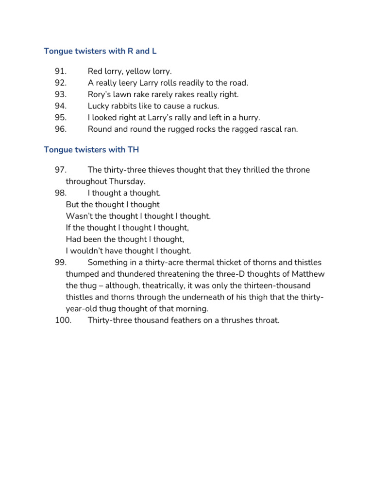 Tongue Twisters With R and L and TH | PDF