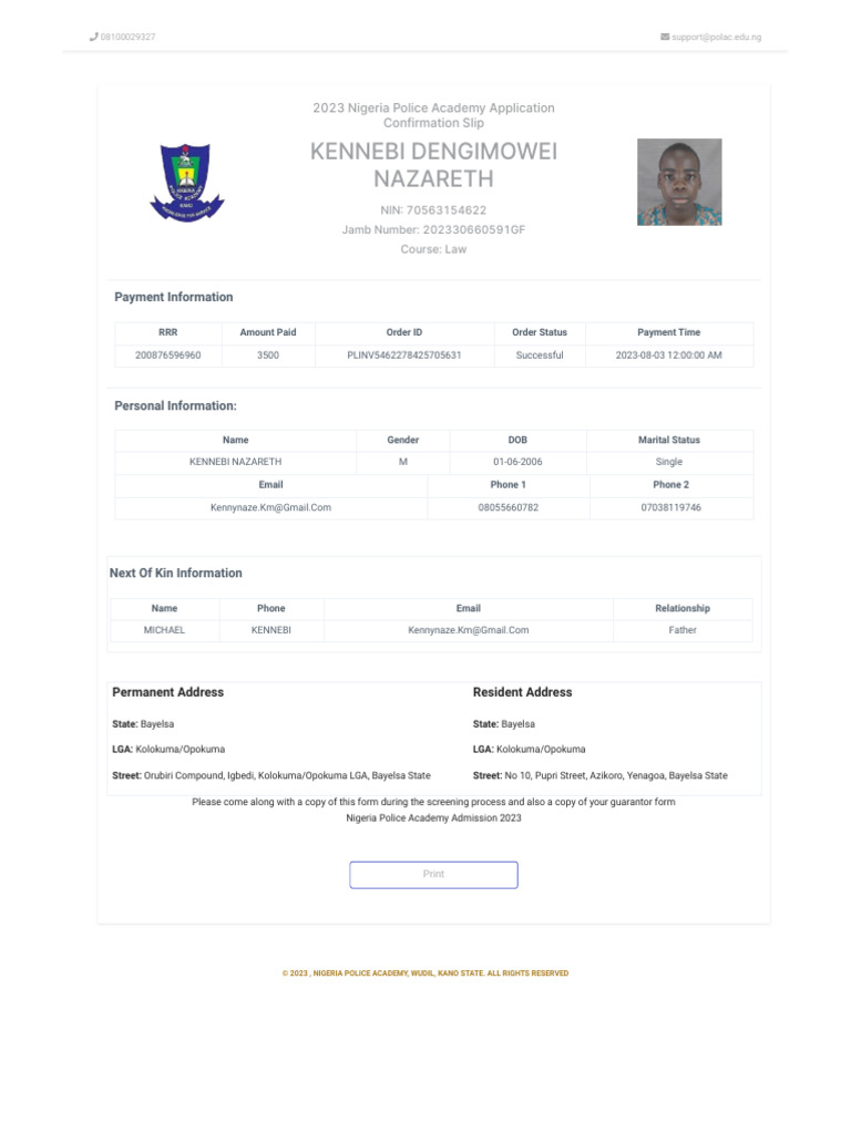 Nigeria Police Academy Confirmation Slip | PDF | Legal Action | Nigeria