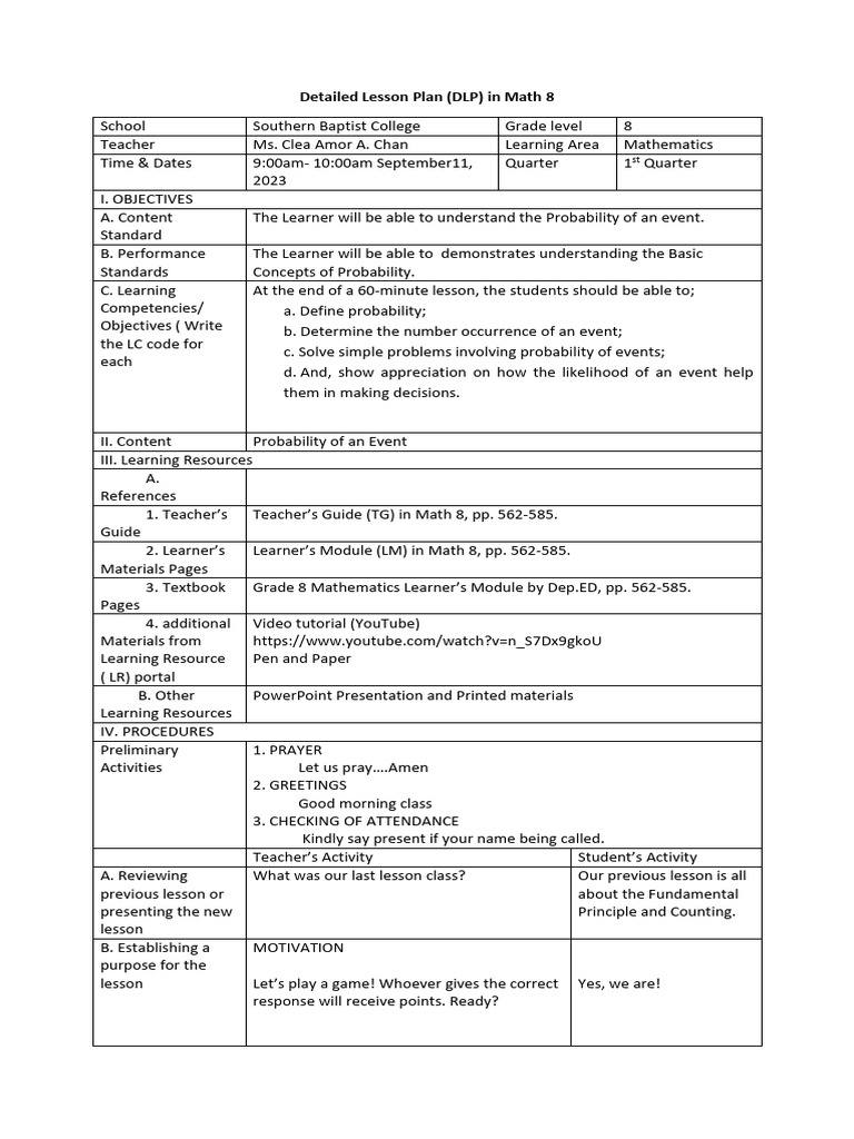 Math 8 Probability Lesson Plan | PDF