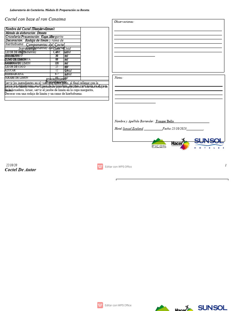 Recetario de Cócteles de Franger Bello Sunsol Ecoland | PDF | Alimentos | Bebidas Mixtas
