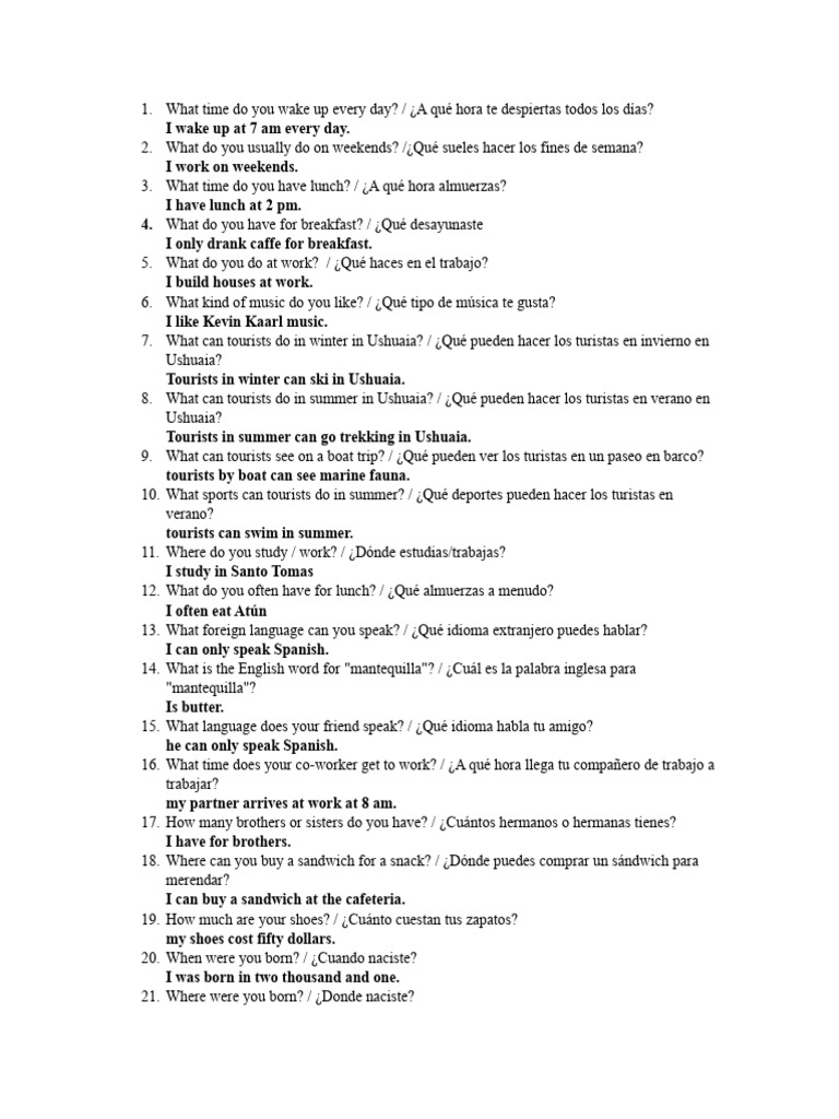 Oral Test Inglés Básico II | PDF