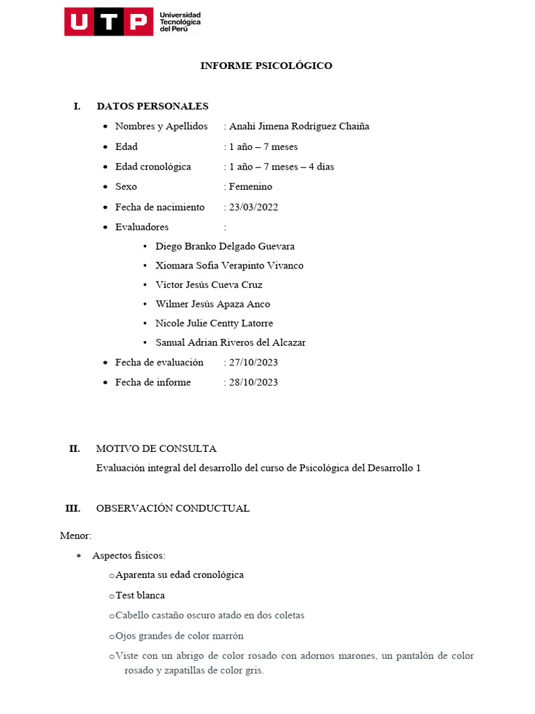 INFORME PSICOLÓGICO FINAL TA3 | PDF | Teoría de apego | Las emociones