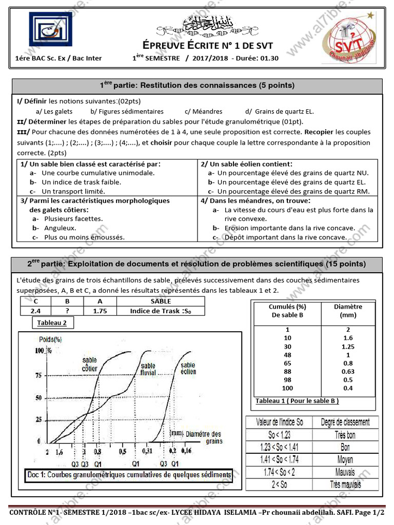 Contrôle SVT 1 Bac Semestre 1 2018 | PDF | Matériaux naturels | Matériaux