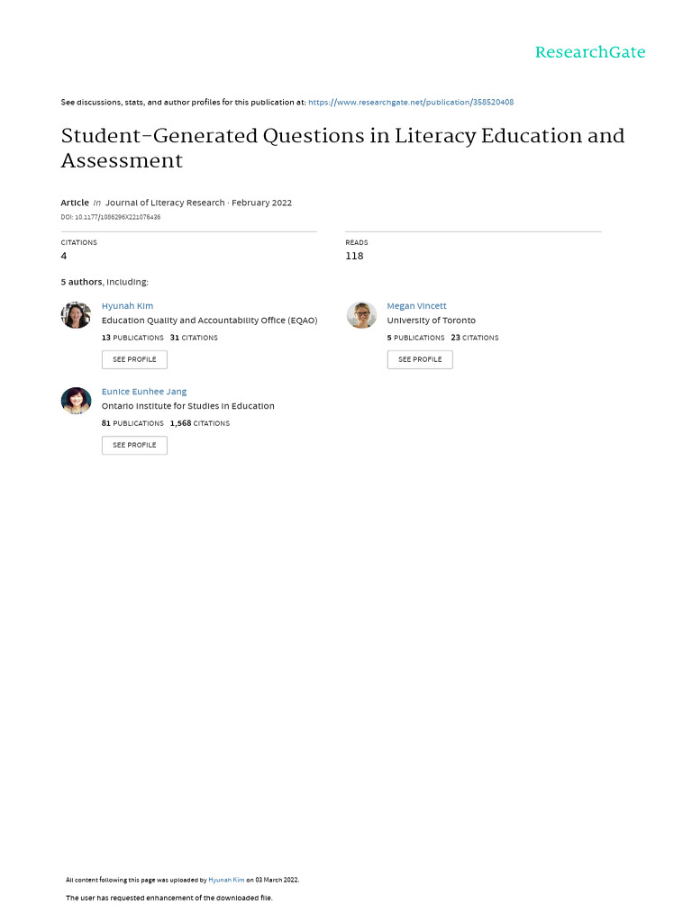 Student-Generated Questions in Literacy Education and Assessment | PDF ...