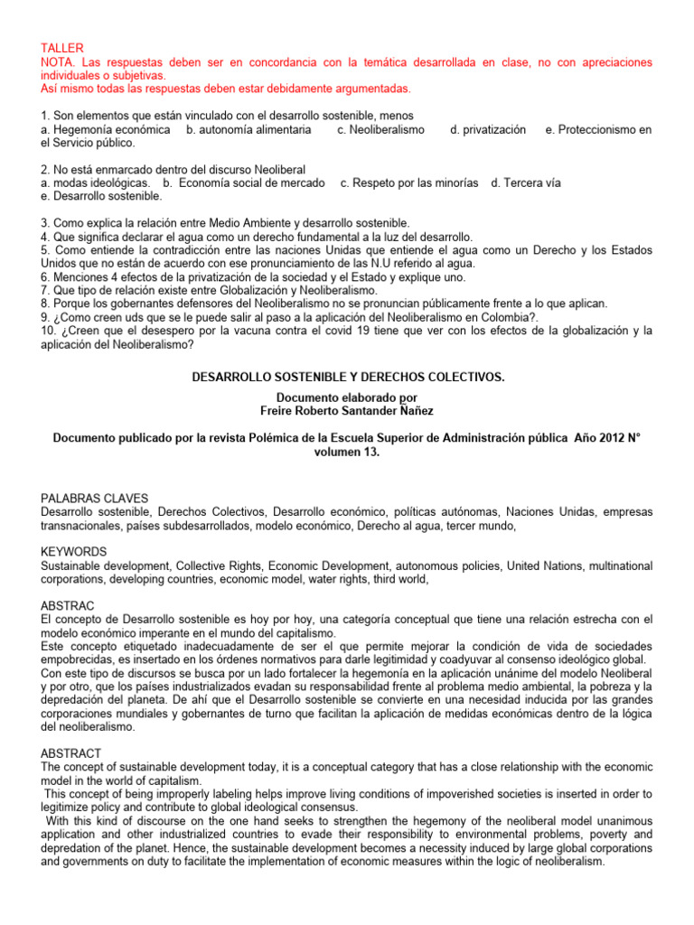 EJERCICIO DESARROLLO SOSTENIBLE Y DERECHOS COLECTIVOS Mi Documento | PDF | Capitalismo ...
