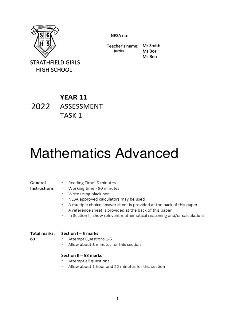2022 Year 11 Mathematics Advanced Assessment Task 1 Final | PDF ...