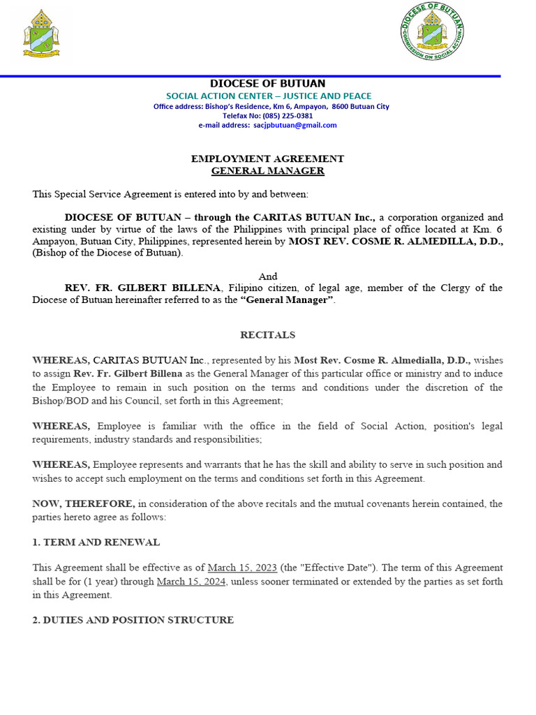 Contract General Manager Fr. Gilbert | PDF | Employment | Performance Appraisal