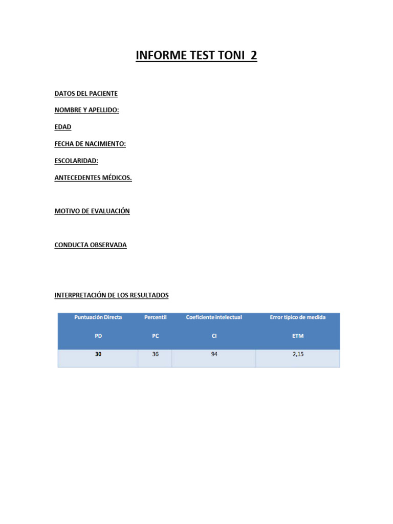 Informe de Evaluación Test Toni 2 | PDF