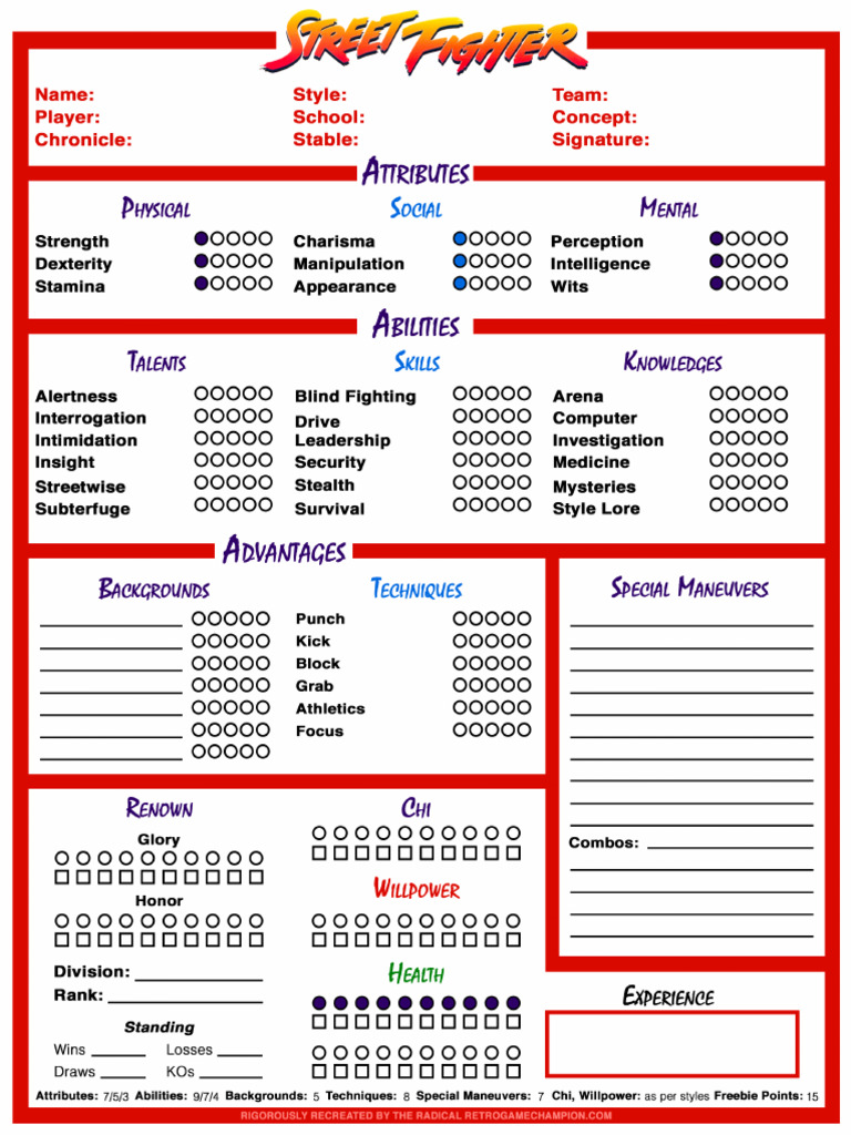 Street Fighter - The Storytelling Game (Character Sheet) | PDF