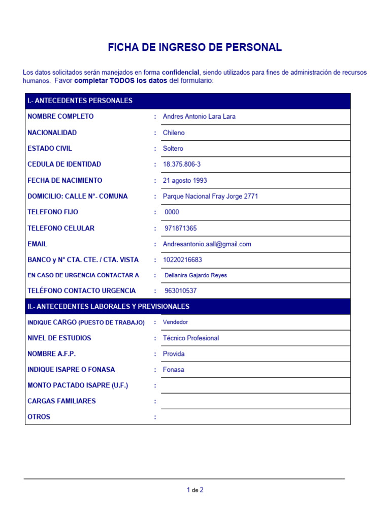 Ficha de Ingreso Modelo | PDF