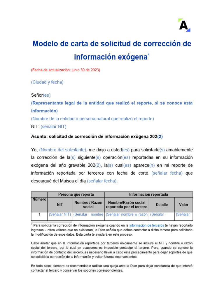 VA23 Solicitud Correccion Datos Exogena | PDF | Información | Informática