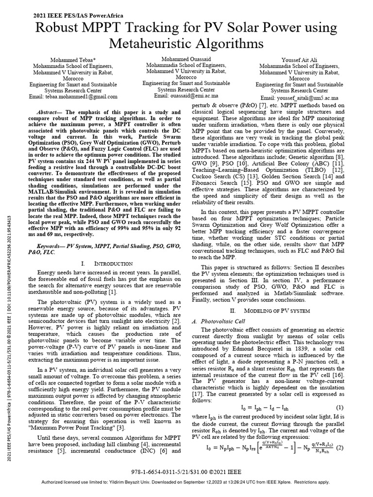 Robust MPPT Tracking For PV Solar Power Using Metaheuristic Algorithms ...