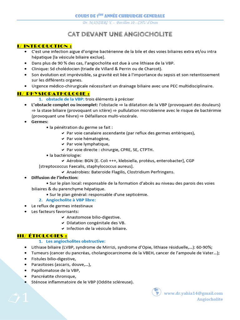 Angiocholite : Diagnostic et Traitement | PDF