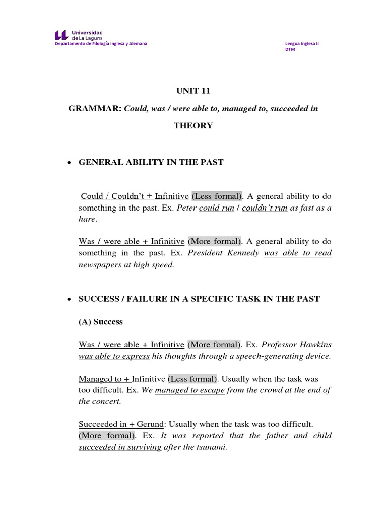 Could, Was-Were Able To, Managed To, Succeeded in (Theory) | Download ...