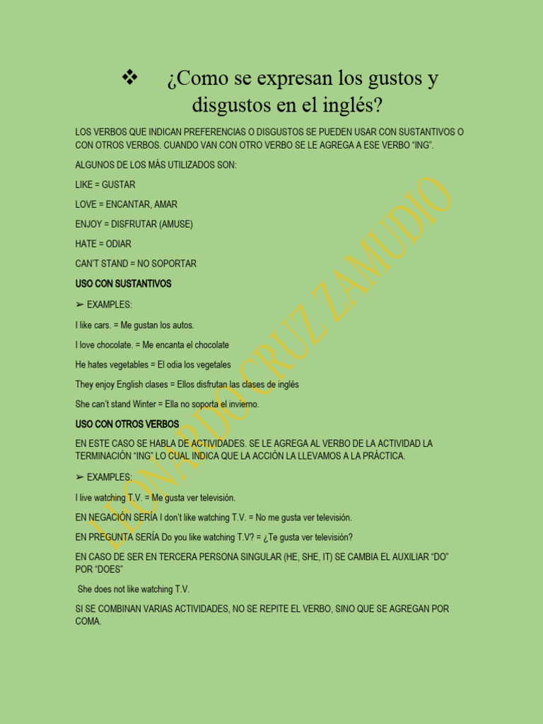 Como Se Expresan Los Gustos y Disgustos en El Inglés | PDF | Artes del ...