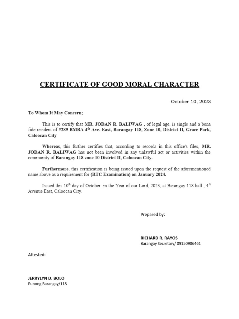Chapell-CERTIFICATE OF GOOD MORAL CHARACTER | PDF