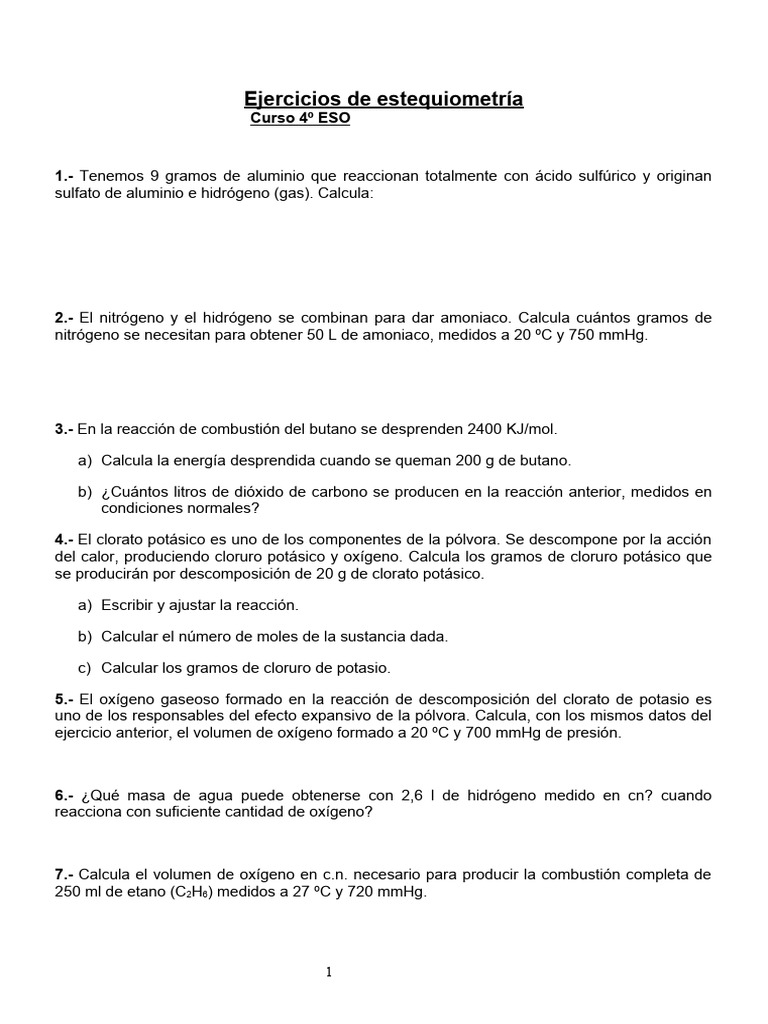 Ejercicios Estequiometria 2 Pdf Oxígeno Combustión