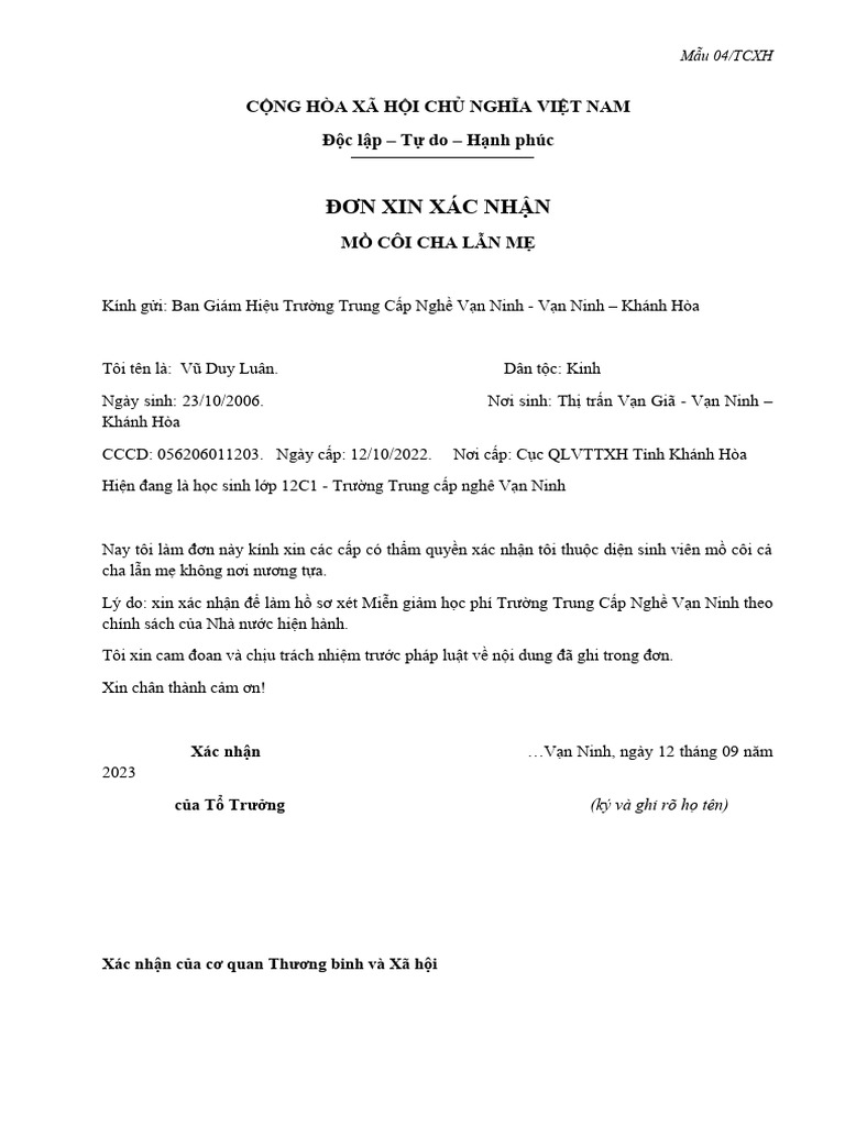 TCXH - Mau 04 - Don Xin Xac Nhan Mo Coi Cha Lan Me | PDF