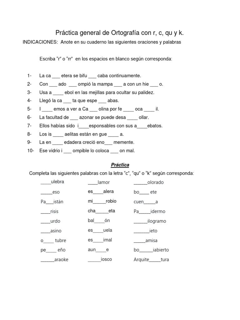 Práctica Ortografía R, Q, K Y C | PDF | Estudios de idiomas extranjeros ...