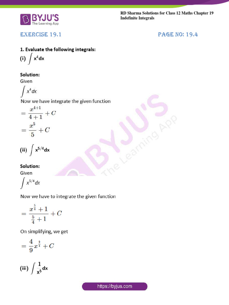 RD Sharma Class 12 Maths Solutions Chapter 19 Indefinite Integrals | Download Free PDF ...