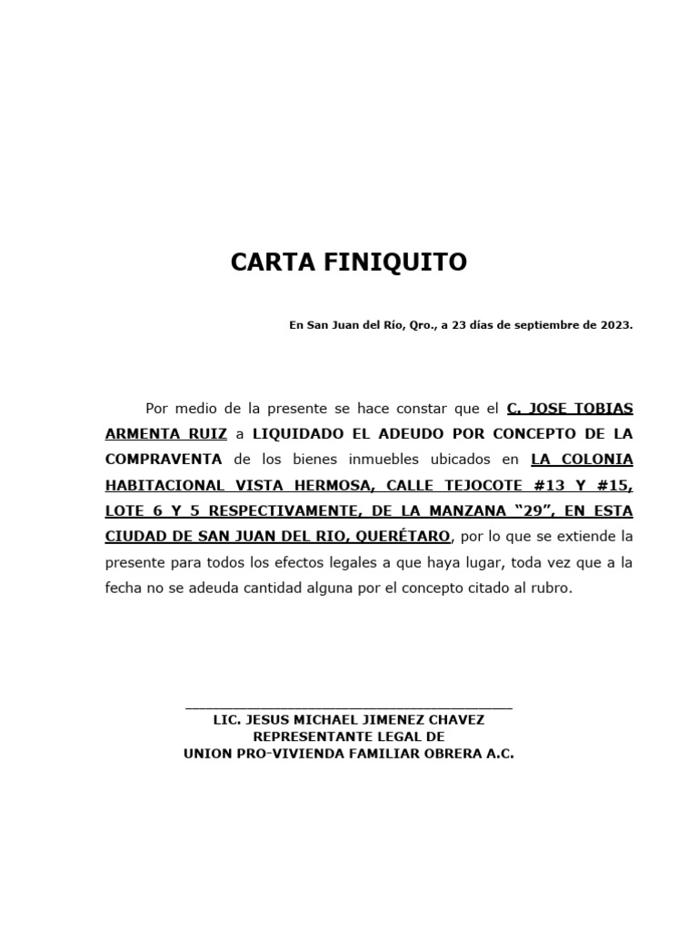 Carta Finiquito de Terreno | PDF
