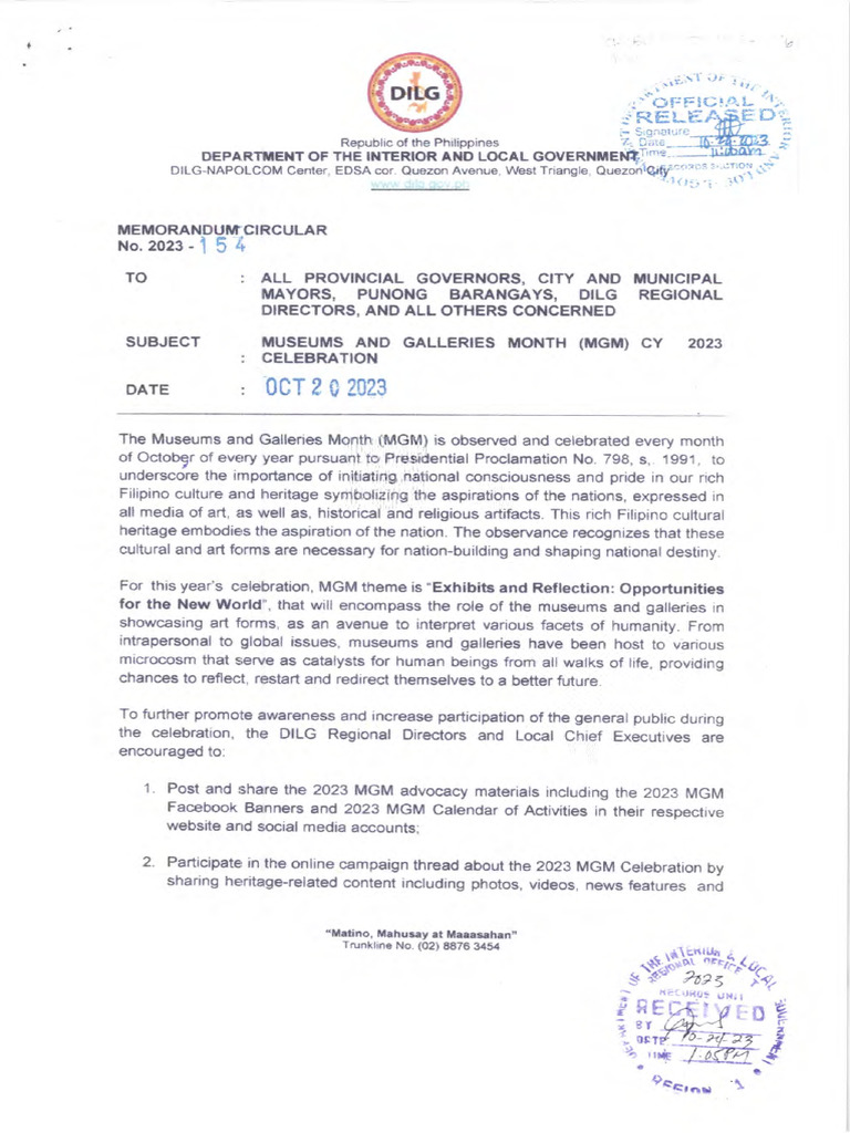 Memorandum Circular No. 2023-154 Re - Museums and Galleries Month (MGM ...