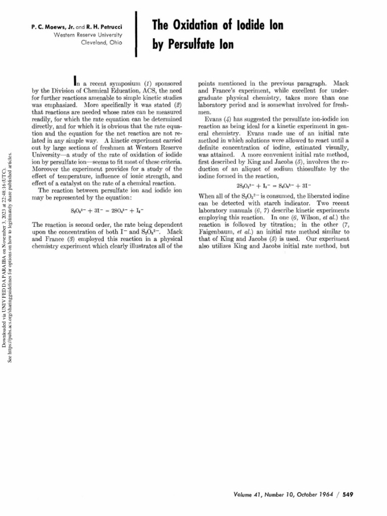 Moews Petrucci 1964 The Oxidation of Iodide Ion by Persulfate Ion | PDF ...