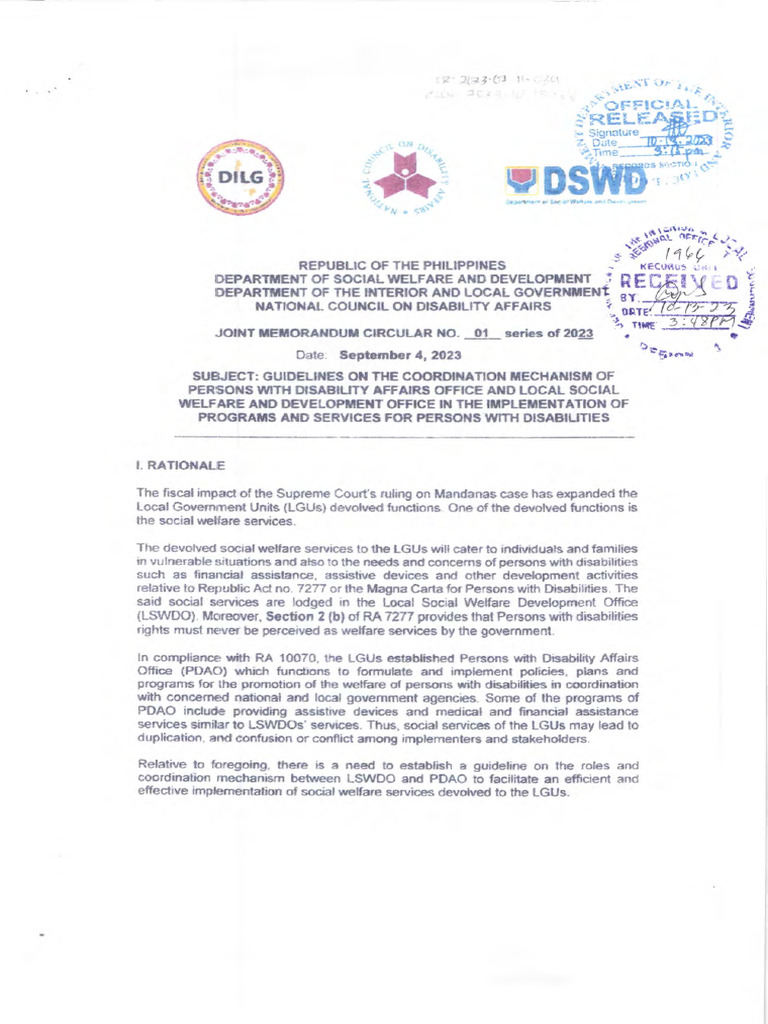 DSWD-DILG-NCDA JMC NO.1 S. 2023-E | PDF | Social Work | Disability DSWD-DILG-NCDA JMC NO.1 S. 2023-E | PDF | Social Work | Disability