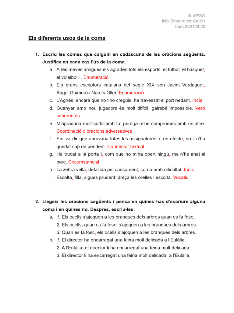 SOLUCIONARI - Exercicis Usos de La Coma | PDF