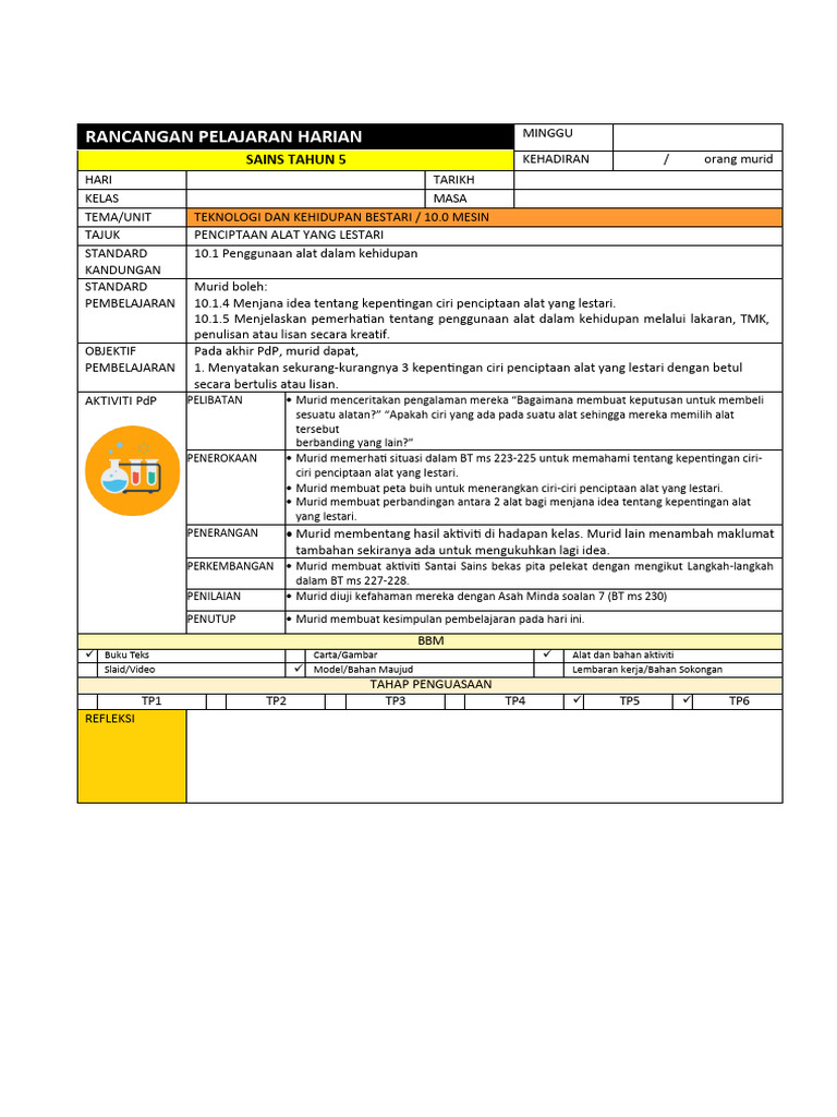 RPH Sains Tahun 5 - Penciptaan Alat Lestari | PDF