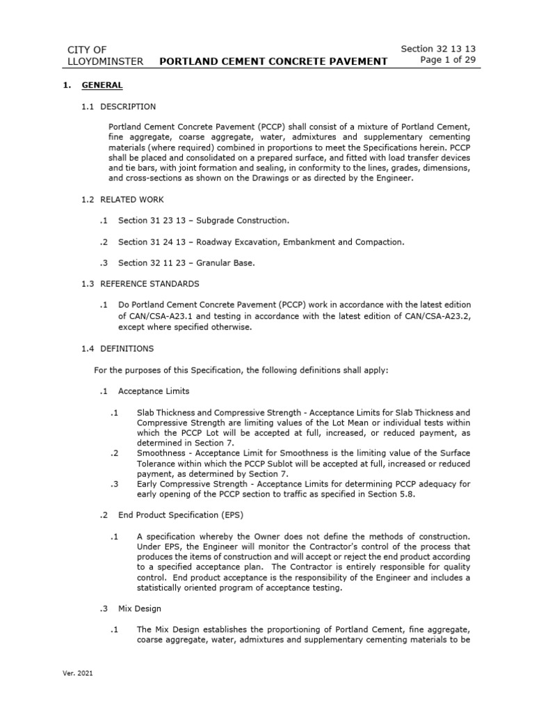 32 13 13 Portland Cement Concrete Pavement PCCP 2021 1 | PDF | Concrete ...