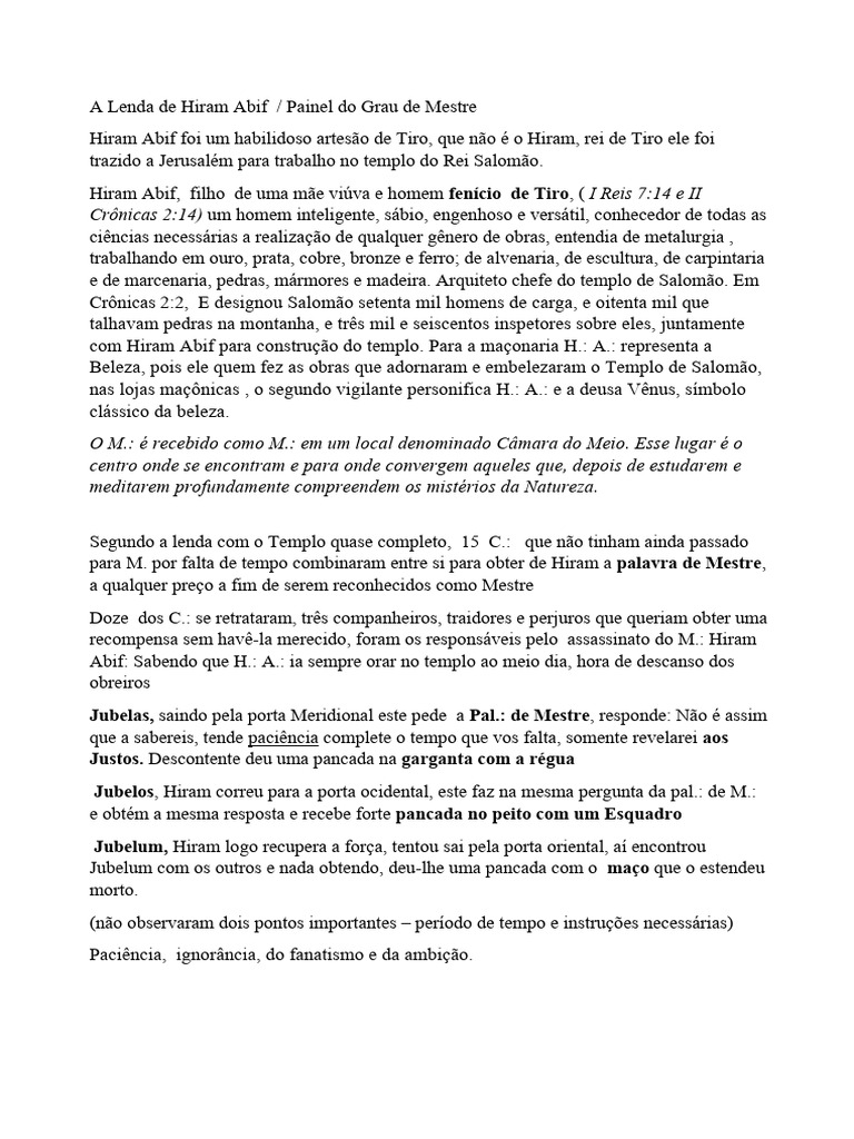 A Lenda de Hiram Abif PAINEL SIMBOLICO | PDF | Maçonaria