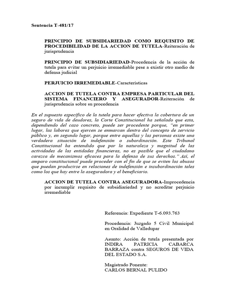 T 481 17 | PDF | Póliza de seguros | Derecho Constitucional