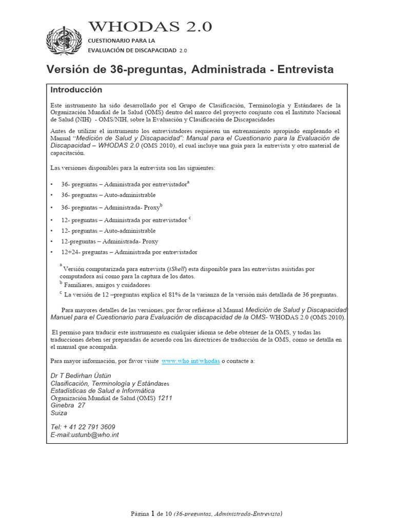 Whodas 2.0 - 36 Items Interview - Spanish | PDF | Cuestionario