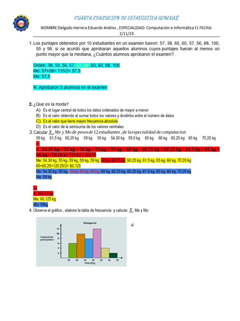 Cuarta Evalucion de Estadistica General | PDF