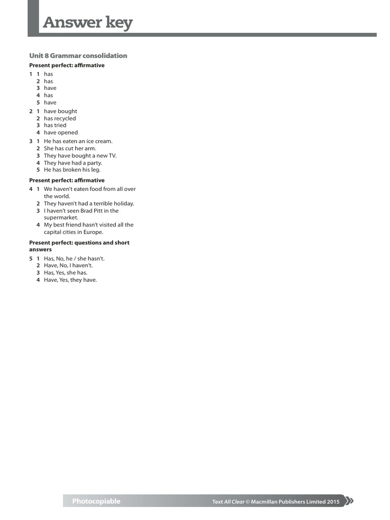 All Clear 2 Present Perfect Answers | PDF