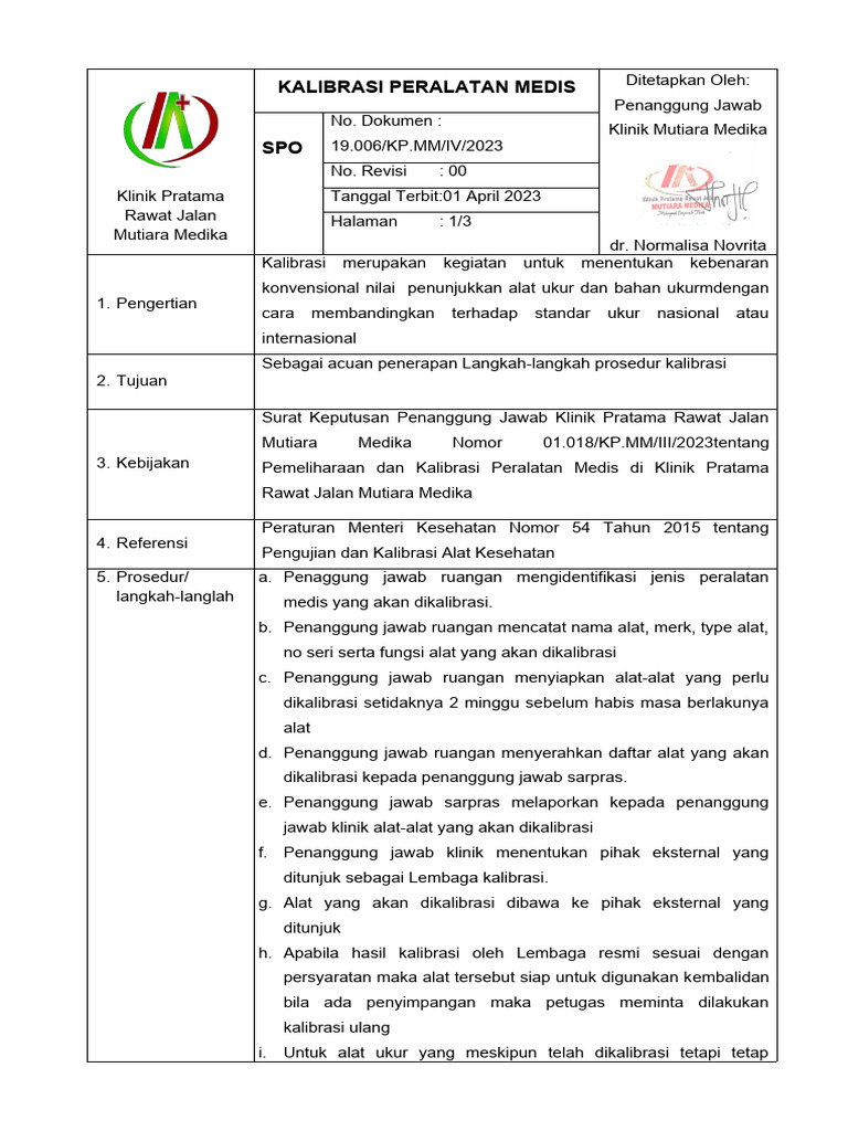 EP 10. SOP KALIBRASI PERALATAN MEDIS (TLK) | PDF