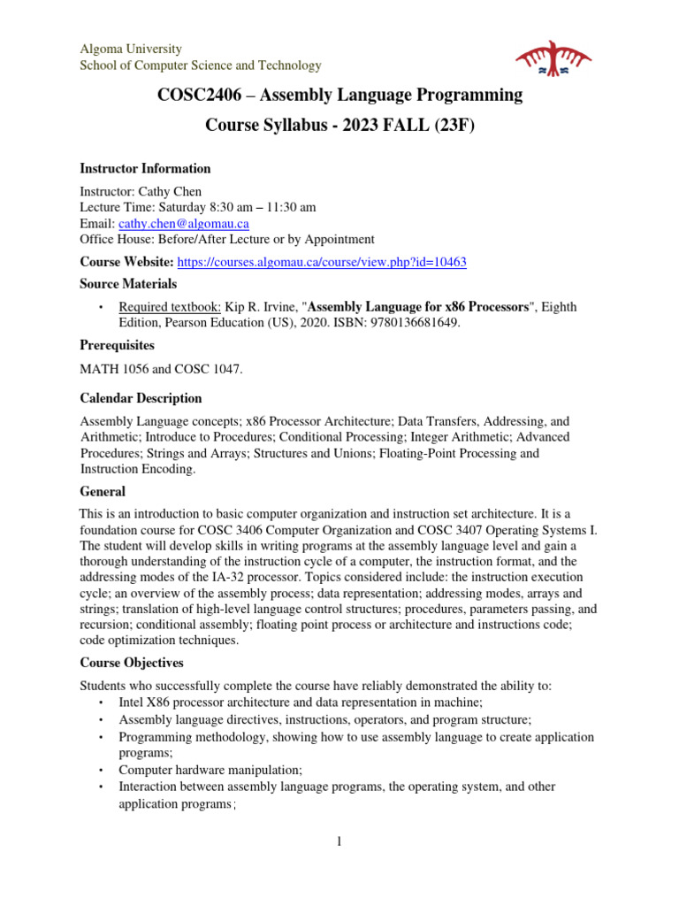 COSC 2406 Outline 2023F | PDF | Assembly Language | Central Processing Unit