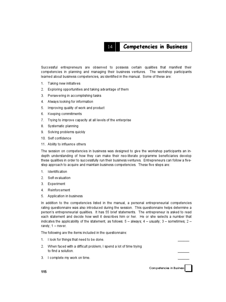 Self Rating Entrepreneur Competencies | PDF | Entrepreneurship ...