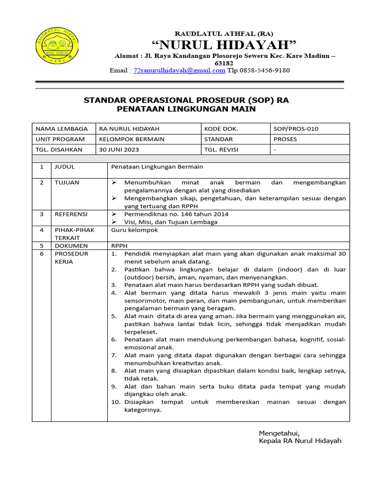 10 Sop Paud Penataan Lingkungan Main | PDF