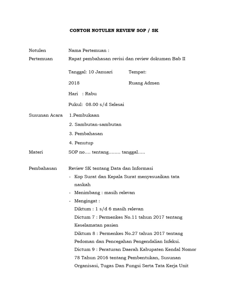Contoh Notulen Review Sop Atau SK | PDF