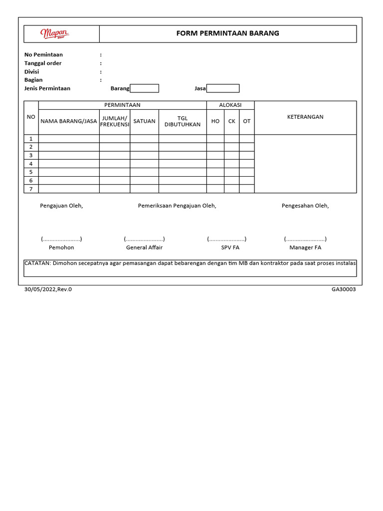 Formulir Permintaan Barang dan Jasa | PDF