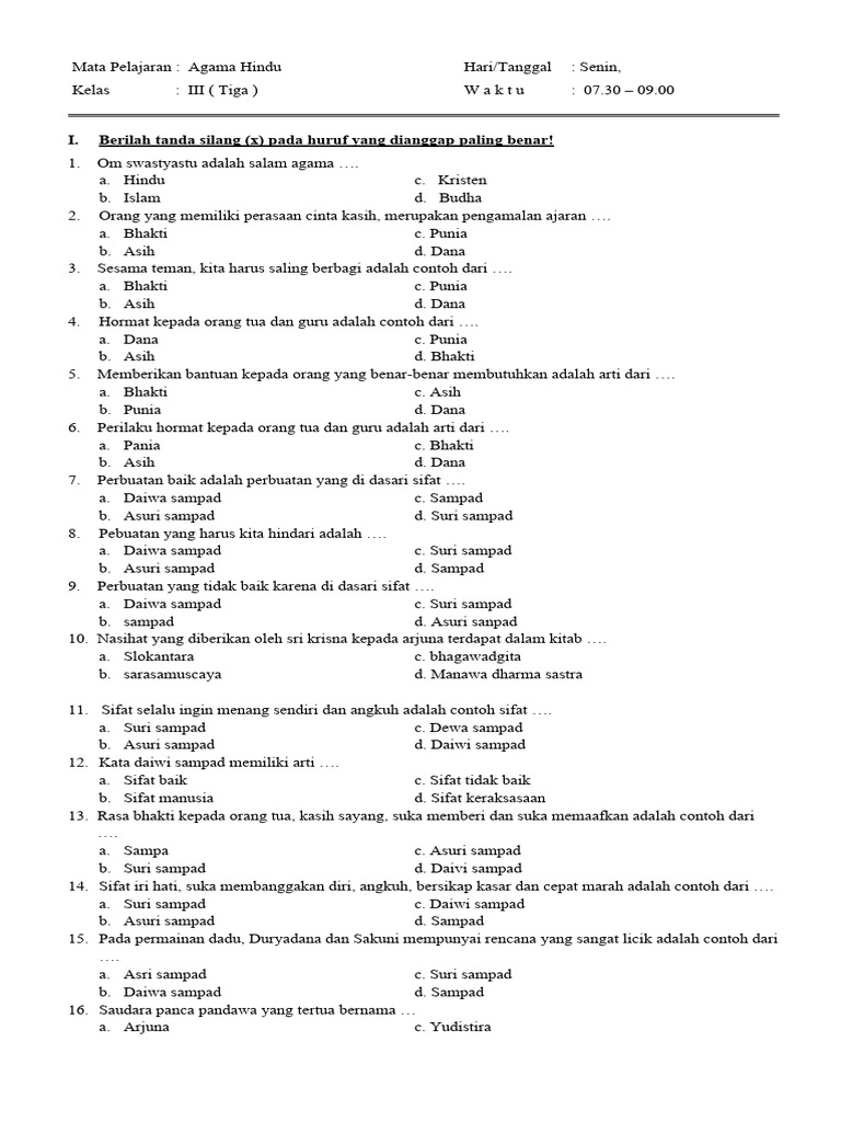 Soal Ulangan Umum Kelas 3 Agama Hindu | PDF