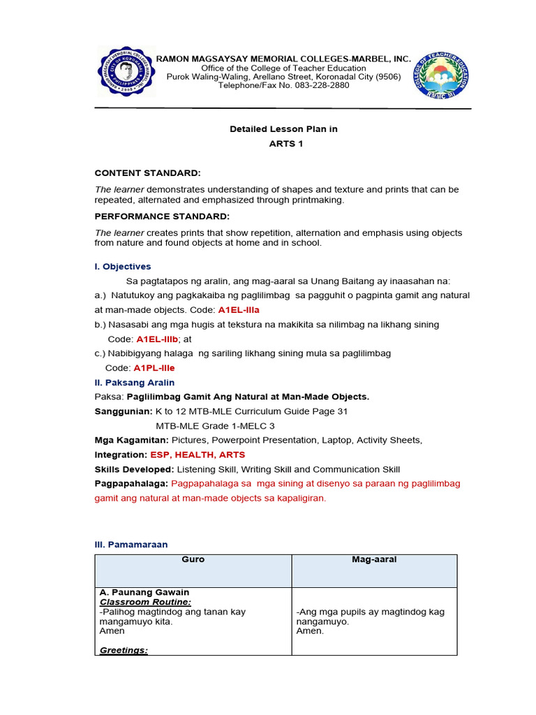 Enoviso Arts 1 Detailed Lesson Plan Paglilimbag Gamit Ang Natural at ...