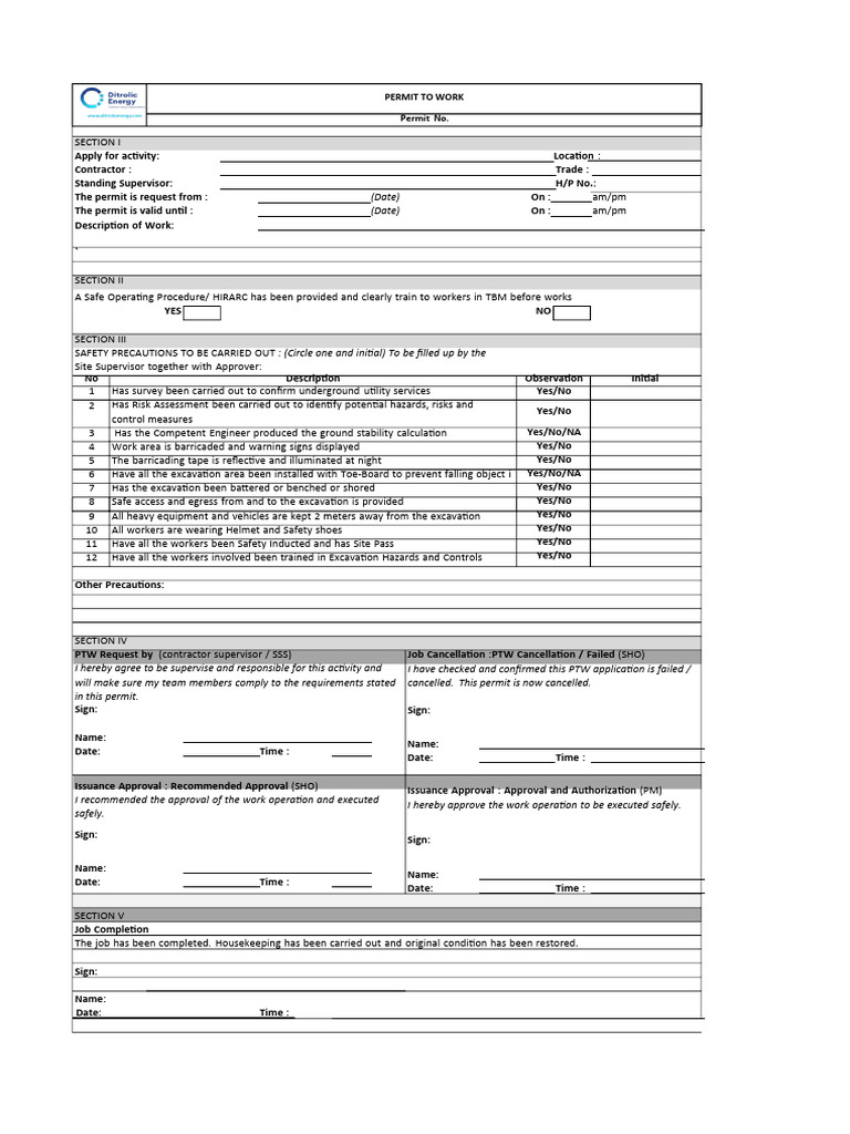 PTW Excavation | PDF | Safety | Occupational Safety And Health