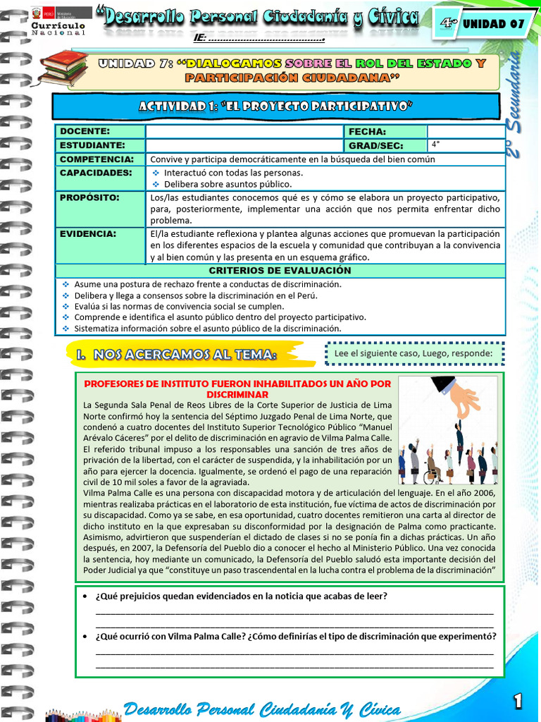 4° DPCC - Actv.02-Unid.7 2023 | PDF | Discriminación | Racismo