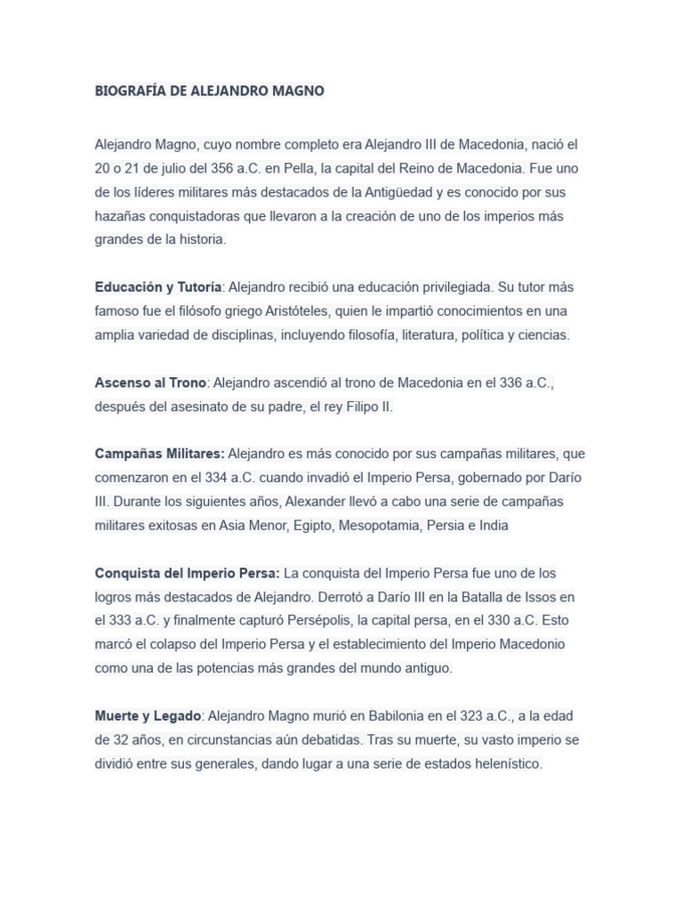 Biografía de Alejandro Magno | PDF | Alejandro el Grande | Imperio aqueménida