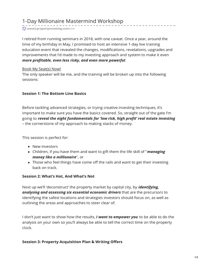 1-Day Millionaire Mastermind Workshop | PDF | Investing | Economies