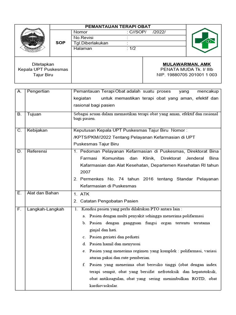 3.10.3 Sop Pemantauan Terapi Obat | PDF
